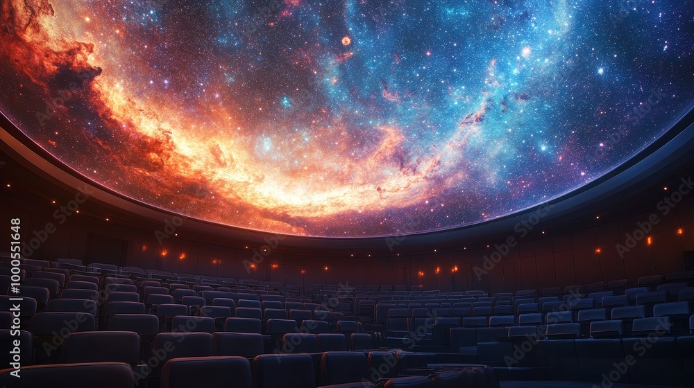 Inside a futuristic circular planetarium, the dome projects stars ...