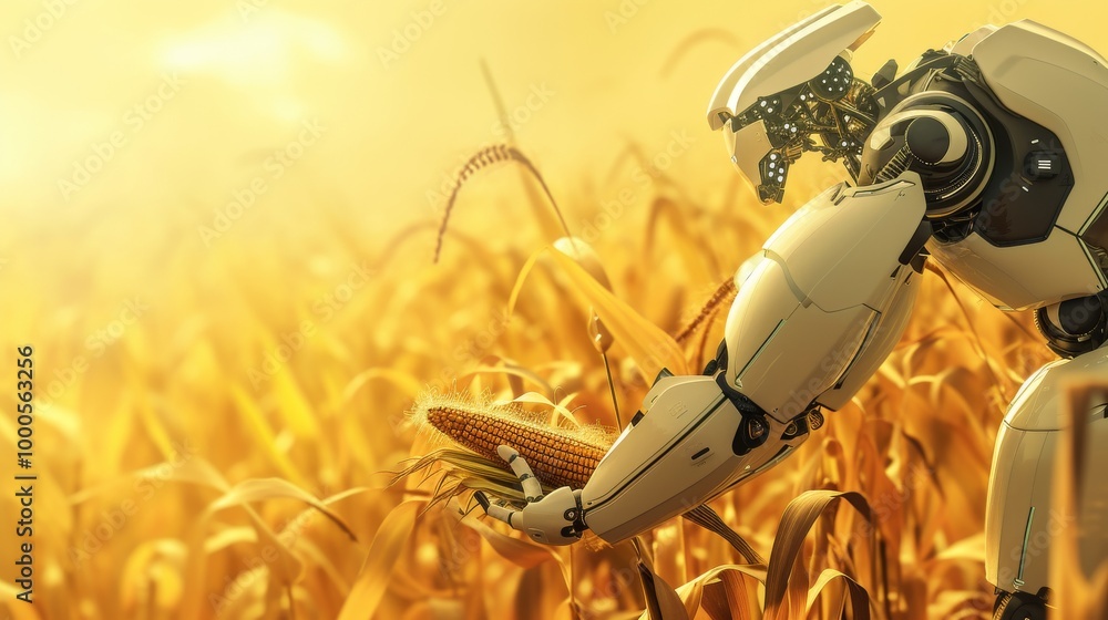 A humanoid robot holds a corn cob in a glowing golden field ...