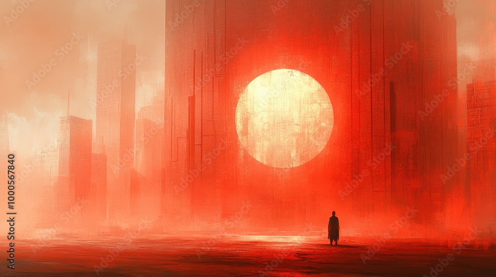 A solitary figure contemplates the immense, glowing orb rising above a ...