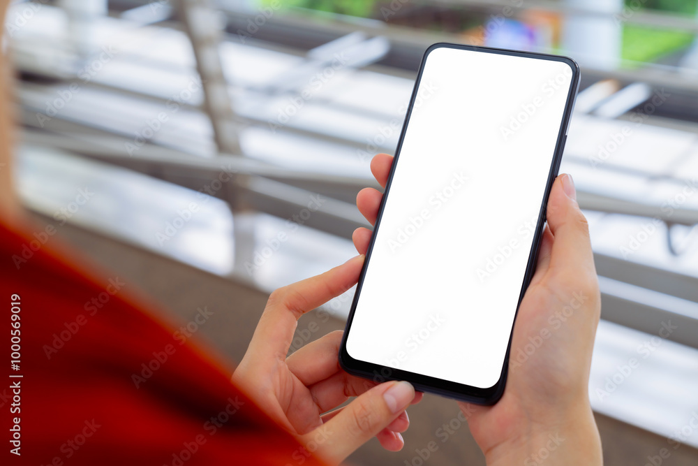 Hand holding smartphone mockup of blank screen, Take your screen to put ...