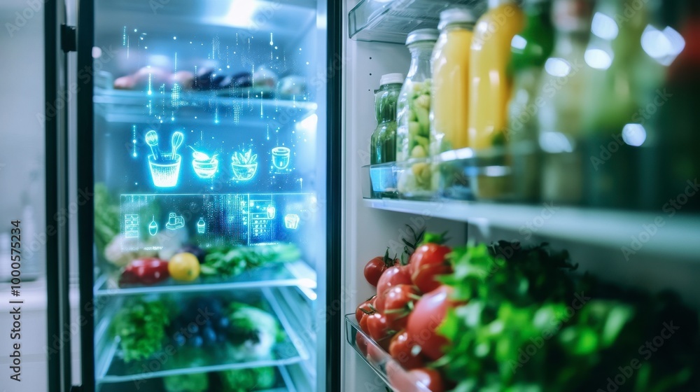 An AI-powered smart fridge scanning fresh produce and suggesting ...