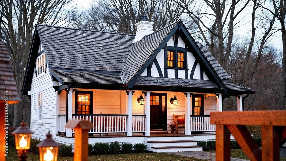 small Tudor-style house with a steeply pitched, gray shingled roof and ...