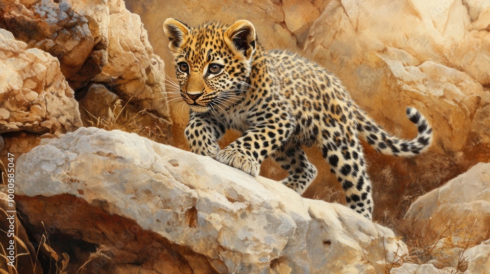 A leopard cub exploring its environment, climbing over rocks and ...
