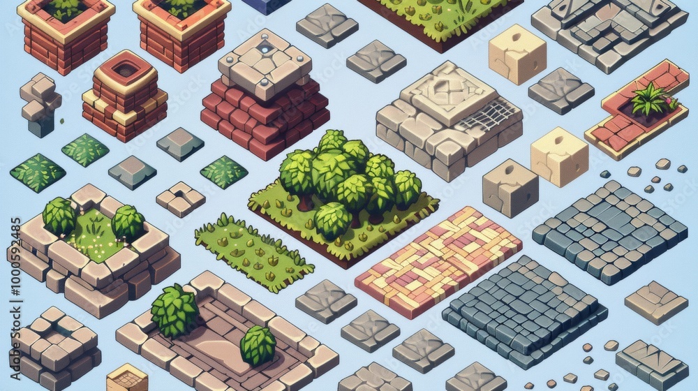 Detailed Isometric Pixelated Medieval Landscape with Stone Buildings ...