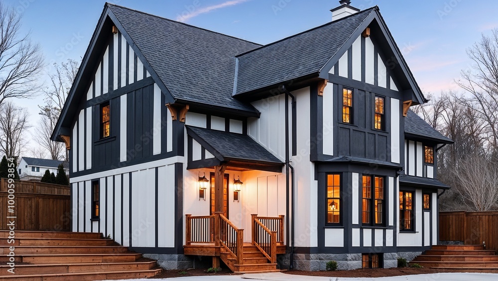Tudor-style house with a steeply pitched roof and half-timbered ...