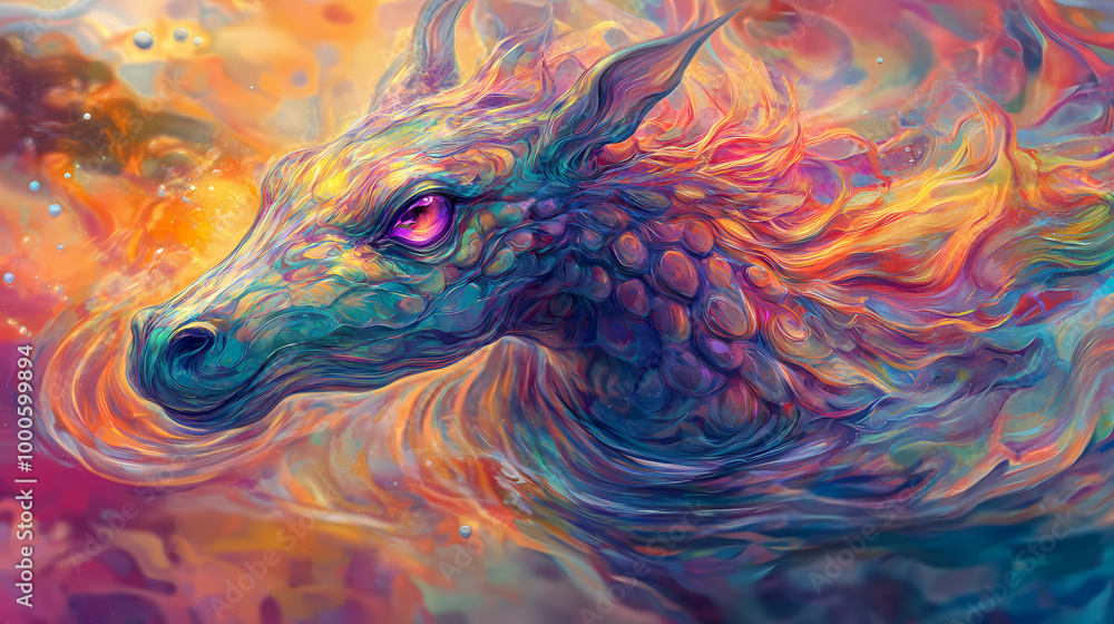 A shimmering, pulsating kelpie emerges from the depths of a digital ...