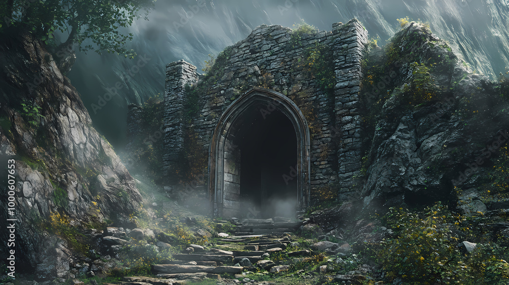 Fantasy scene of a ancient stone brick archway entrance ruins to a ...