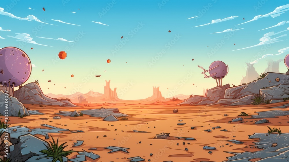 Cartoon Desert Landscape with Strange Rock Formations and Flying ...