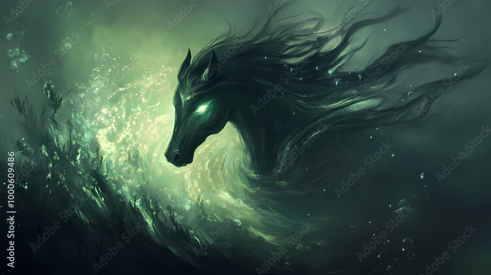 Enchanting kelpie water spirit with flowing manes and otherworldly glow ...