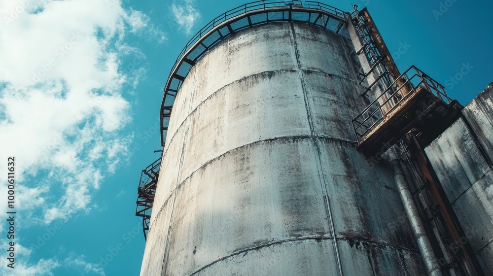 Industrial Cement Silo with Metal Platform and Piping Against Blue Sky ...