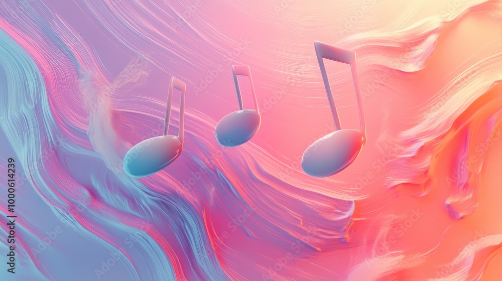 Virtual aesthetic image of 3D music notes with glowing light trails ...