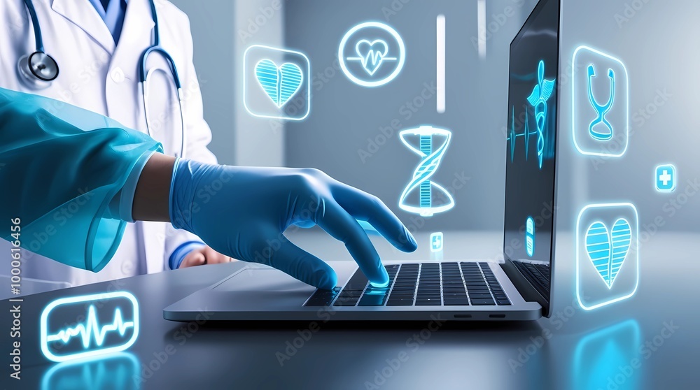 Doctor hands on laptop keyboard, glowing medical icons hover in the air ...