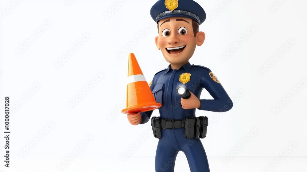 Cartoon police officer holding a traffic cone and a small flashlight ...