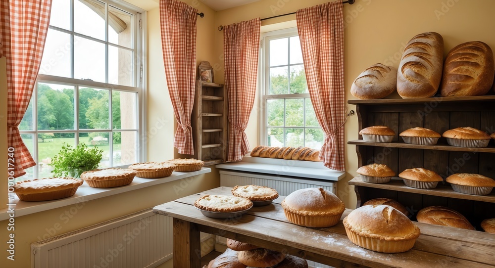 Cozy village bakery with homemade pies cooling on a windowsill fresh ...