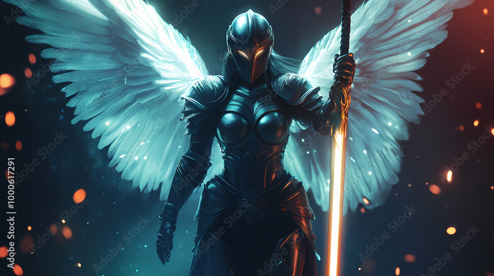 Shimmering valkyrie warrior avatar with winged armor and light spear ...