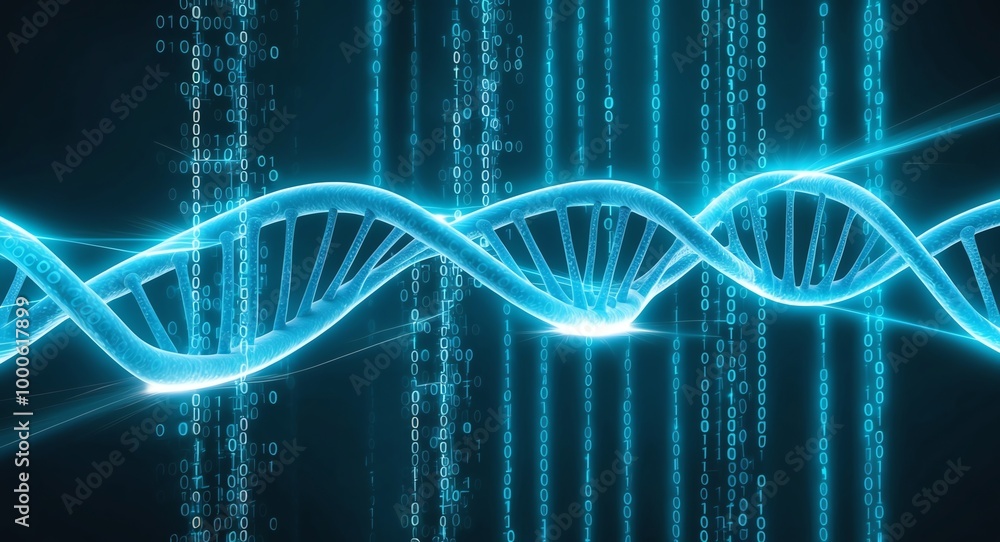 Cyan DNA sequences illuminated with dynamic light streaks and binary ...