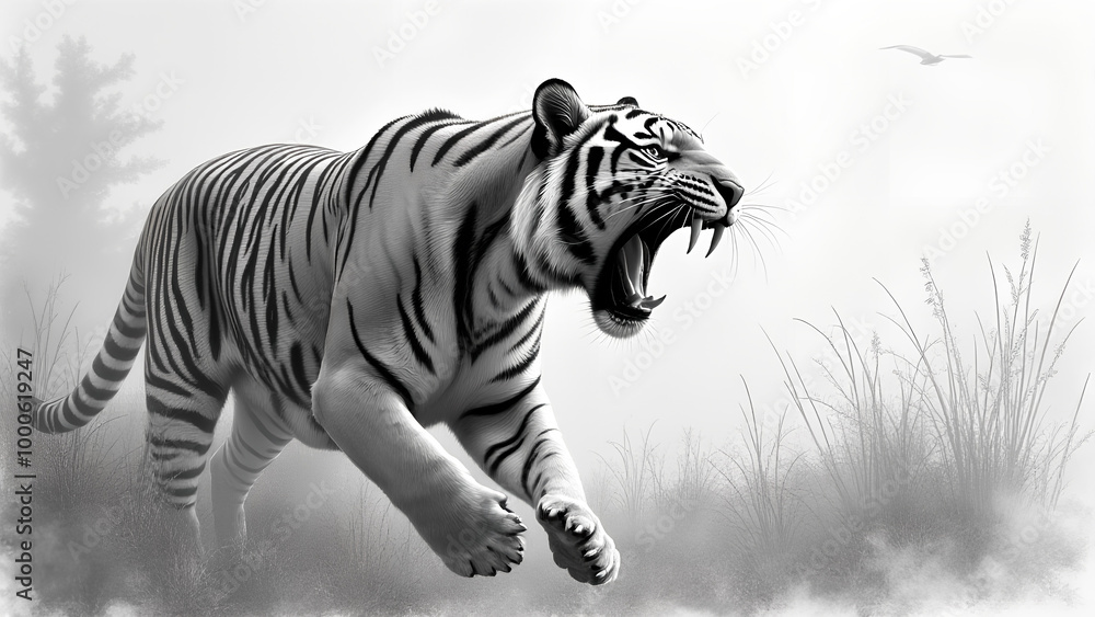 penciling grayscale detailed of a realistic view of a tiger attacking ...