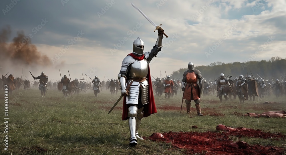 Medieval European knight in shining armor with sword raised standing on ...