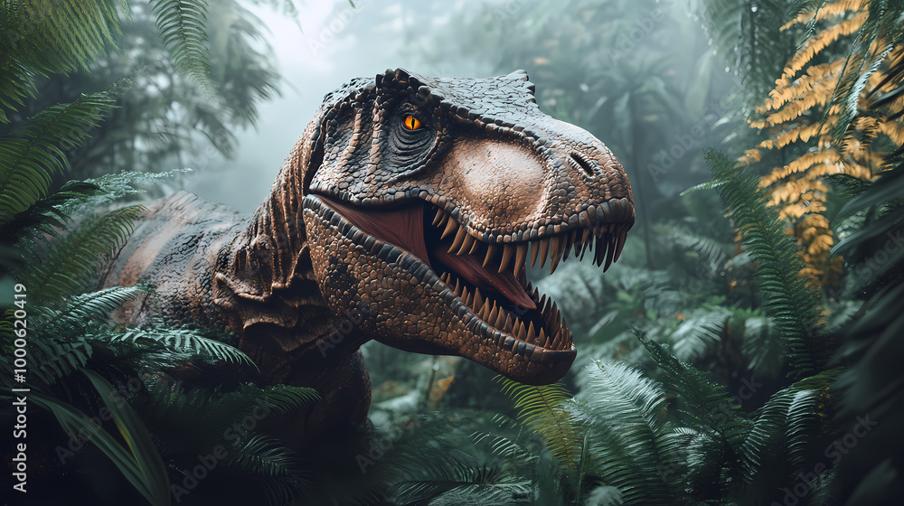 Realistic frontal photo of a t-rex dinosaur portrait in a deep jungle ...