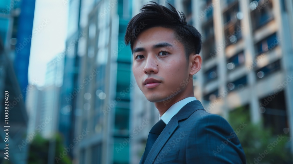 Young business man stands at the foot of an office building, gazing ...
