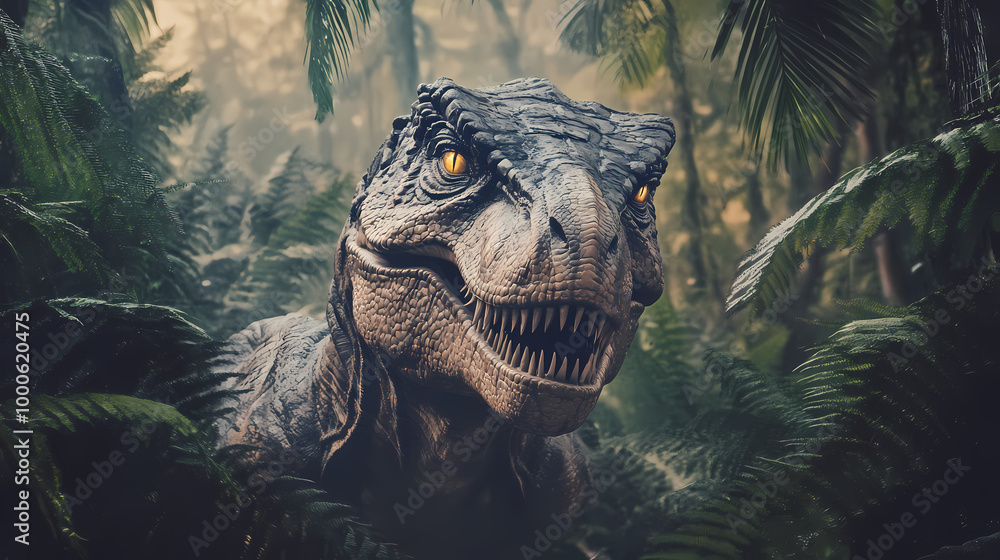 Realistic frontal photo of a t-rex dinosaur portrait in a deep jungle ...