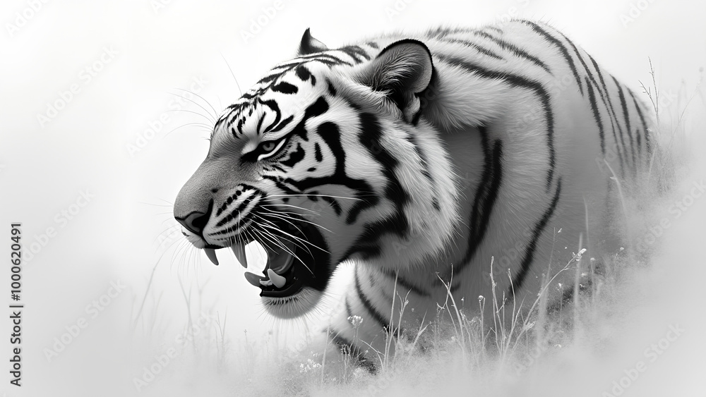 penciling grayscale detailed of a realistic view of a tiger attacking ...