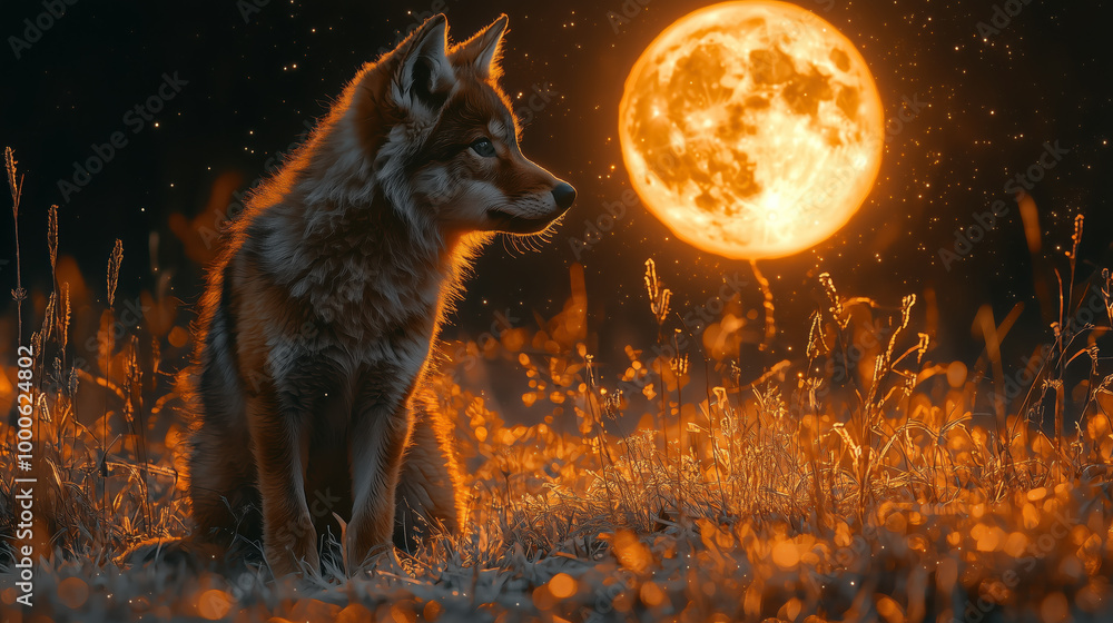 Enchanting Wolf Cub Under Glowing Full Moon in a Mystical Night Scene ...