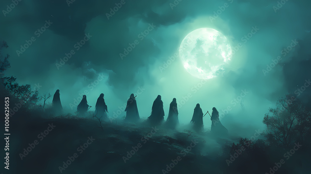 Witch coven under a full moon on a foggy night. Witch Coven ...