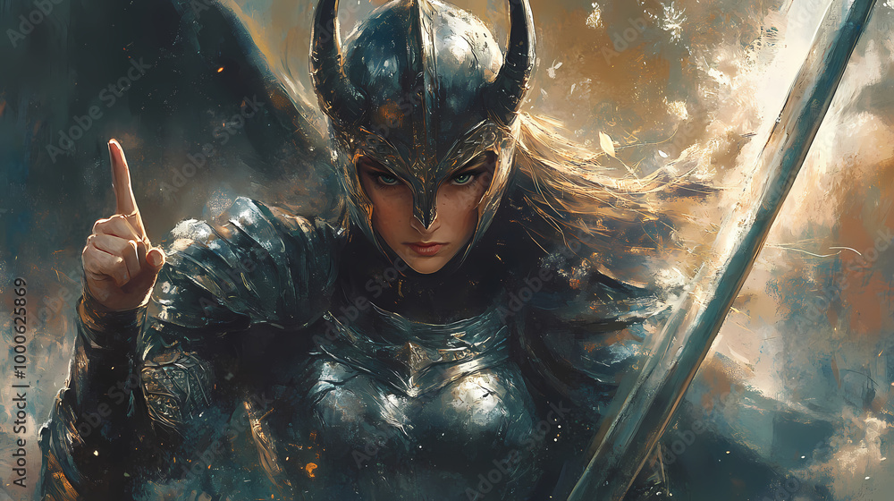 Using a finger gesture, a beautiful valkyrie in plate armor with long ...