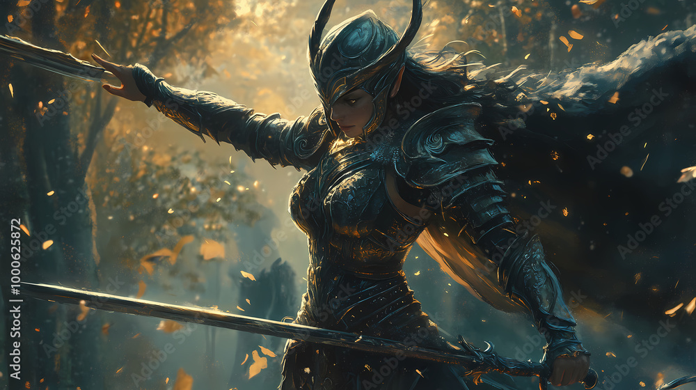Using a finger gesture, a beautiful valkyrie in plate armor with long ...