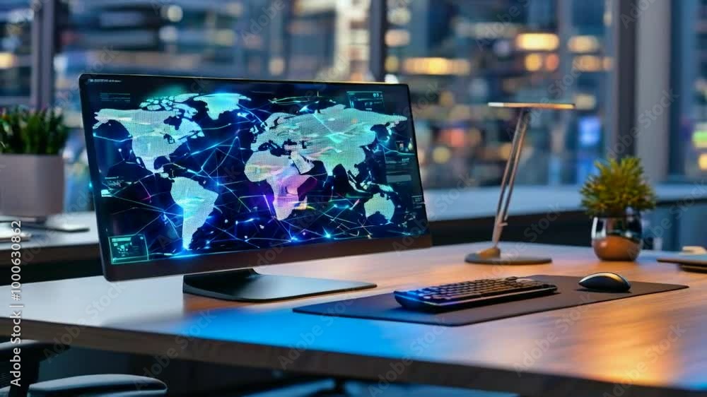 A modern workspace featuring a monitor displaying a world map with ...