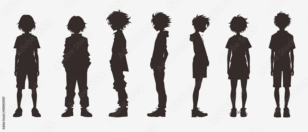 Anime character sheet silhouettes featuring a young student, showcasing ...
