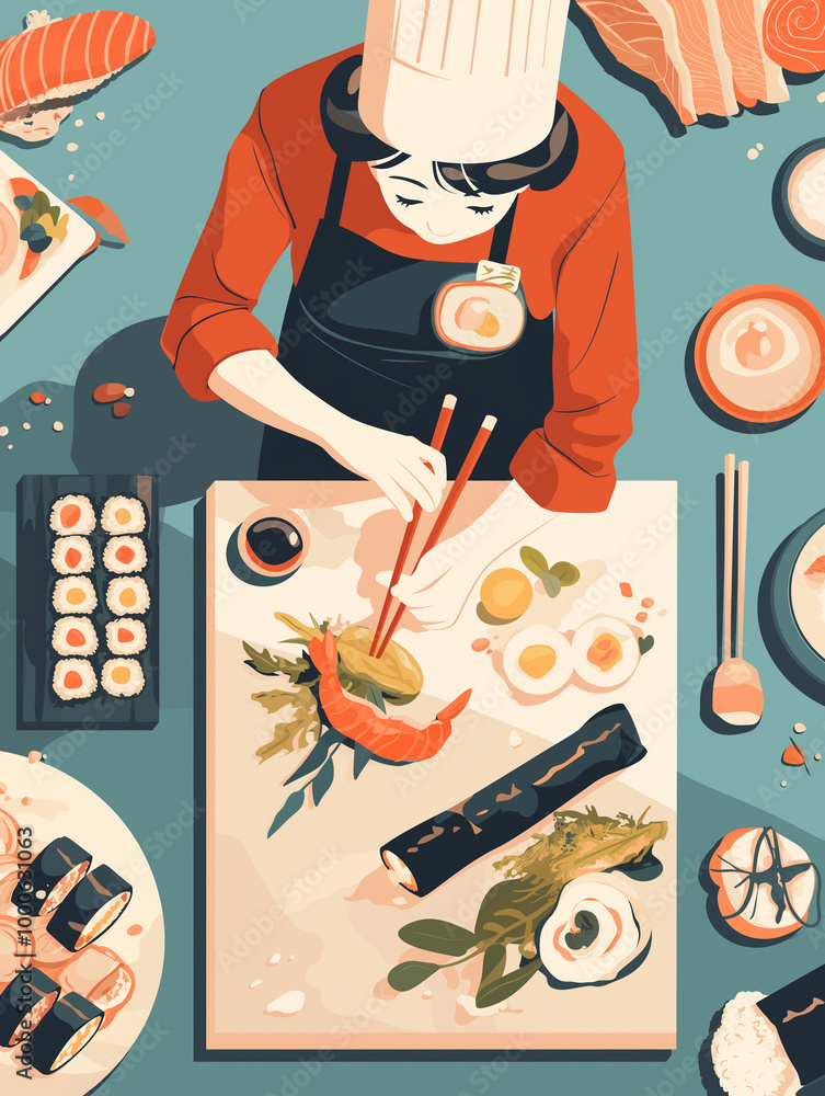 Beautiful Korean Female Chef, Making Kimbab Stock Illustration | Adobe ...