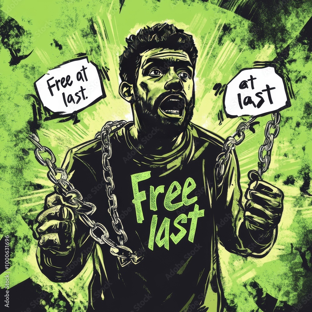 A powerful illustration featuring a man breaking free from chains, with ...
