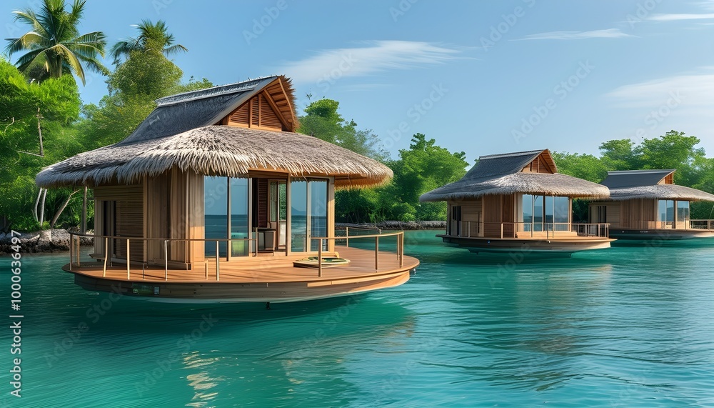 Charming wooden stilt house in a tropical lagoon, featuring a thatched roof and stunning views ...