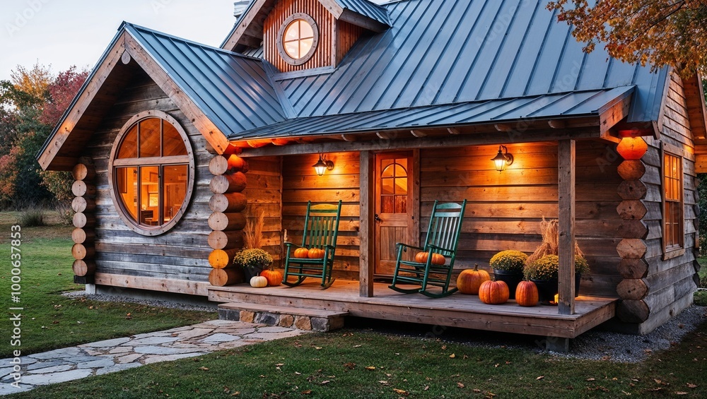rustic, wooden cabin with a unique architectural style. The cabin ...