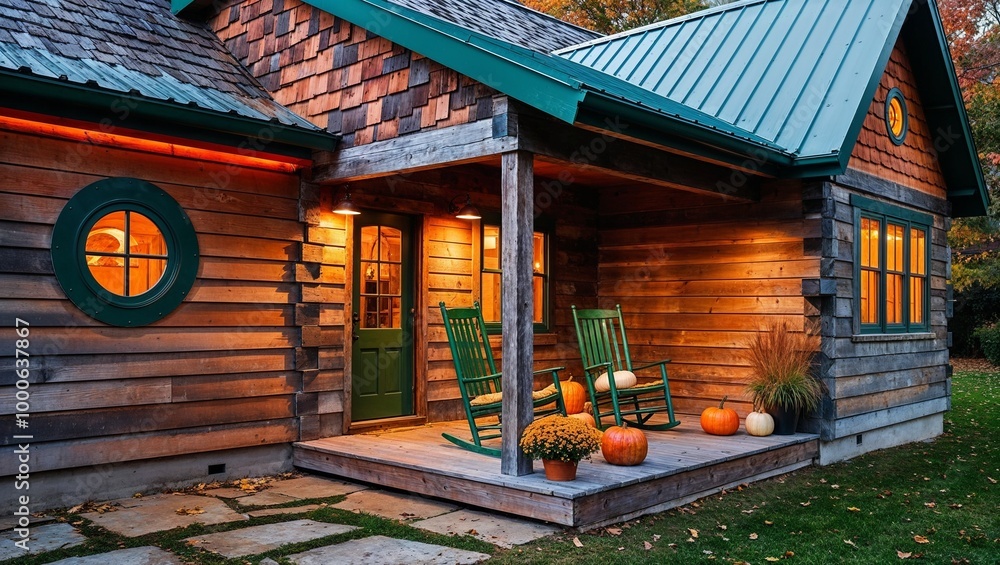 rustic, wooden cabin with a unique architectural style. The cabin ...