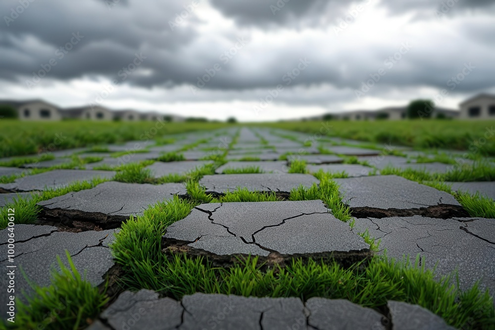 Overgrown streets with cracked pavement in a deserted suburb ...