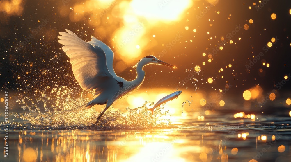 The heron is catching fish in the sea. catch a fish and, wings are ...