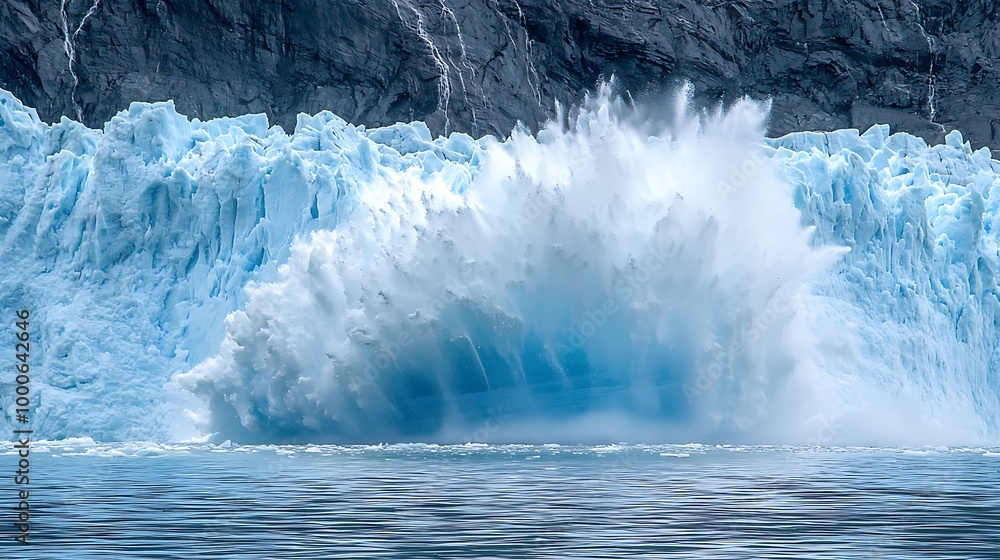A glacier calving sends an iceberg splashing into the water, the ...