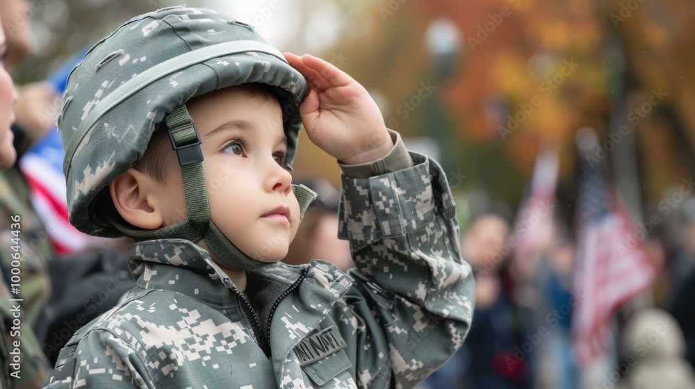 Young Child in Military Uniform Saluting During Veterans Day Event ...