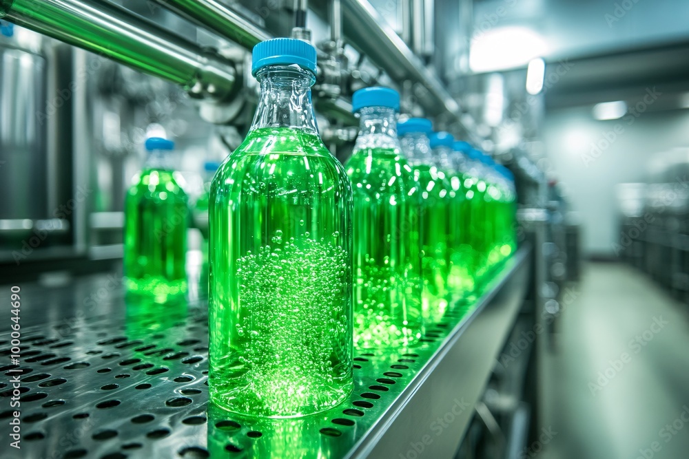 The bottling line in a beverage factory features automated machines at ...