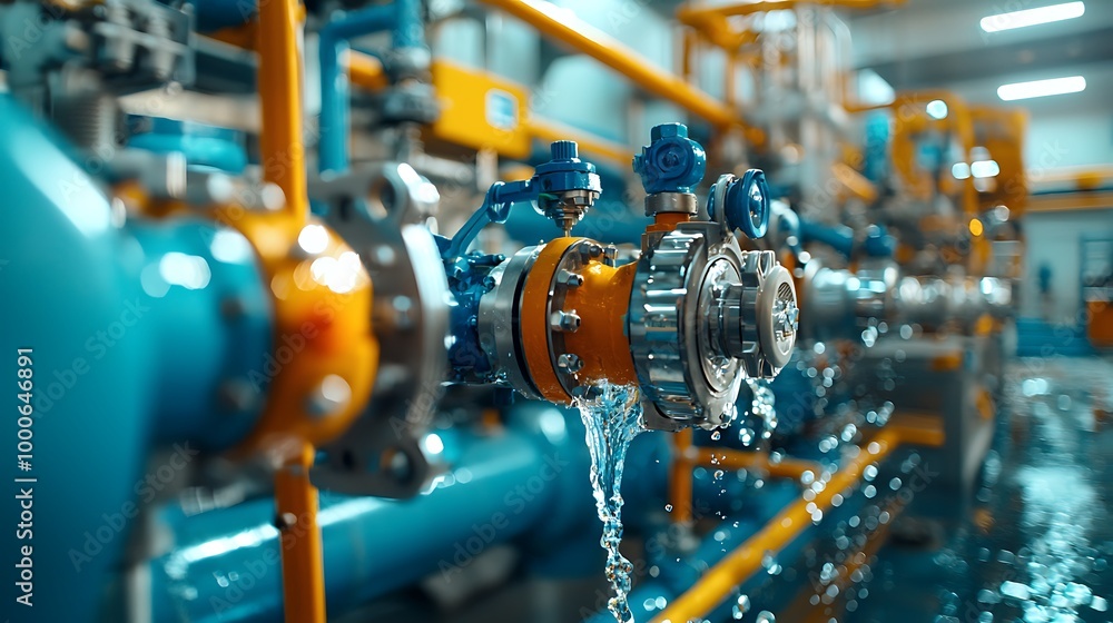 An industrial water pump leaks, water trickling down its side, captured ...
