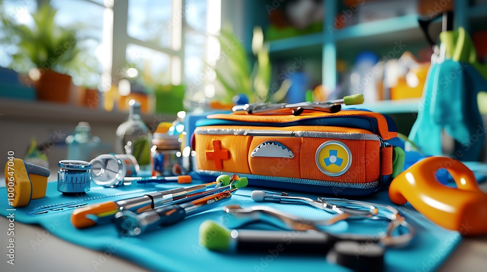 A first aid kit sits open on a blue table, filled with essentials for ...