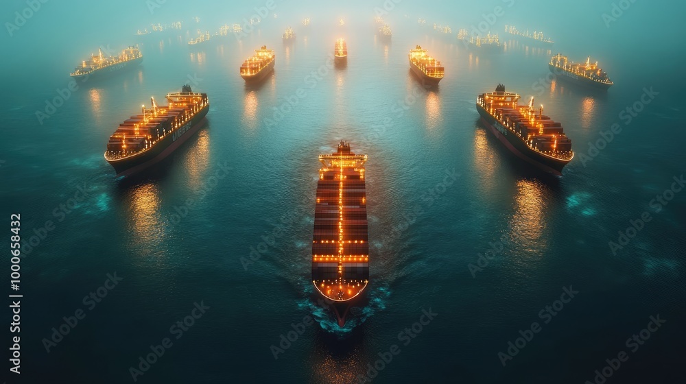 Aerial view of the ocean with multiple container ships connected by ...