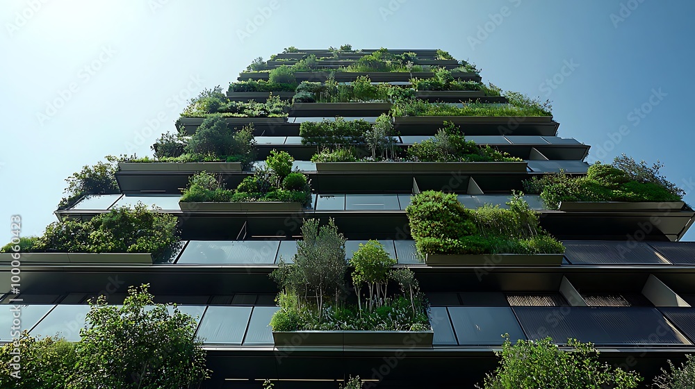 Plants thrive on a modern architectural structure, merging the building ...