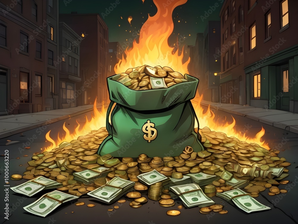 cartoon style bag of stacks of green cash money engulfed in flames ...
