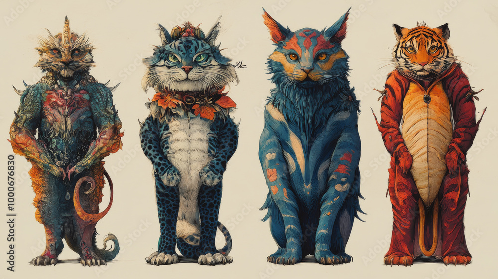 Four fantasy creatures, each with unique features and colors, stand in ...