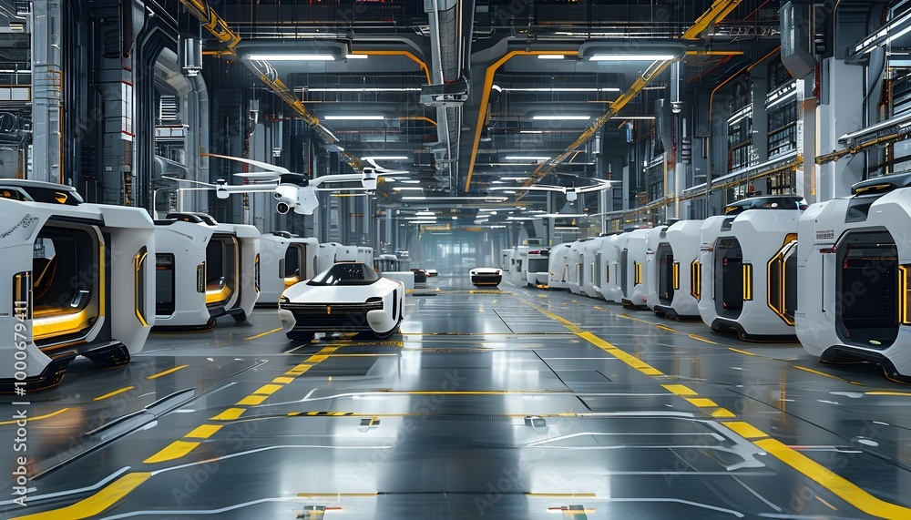 Futuristic indoor factory featuring drones and automated vehicles in a ...