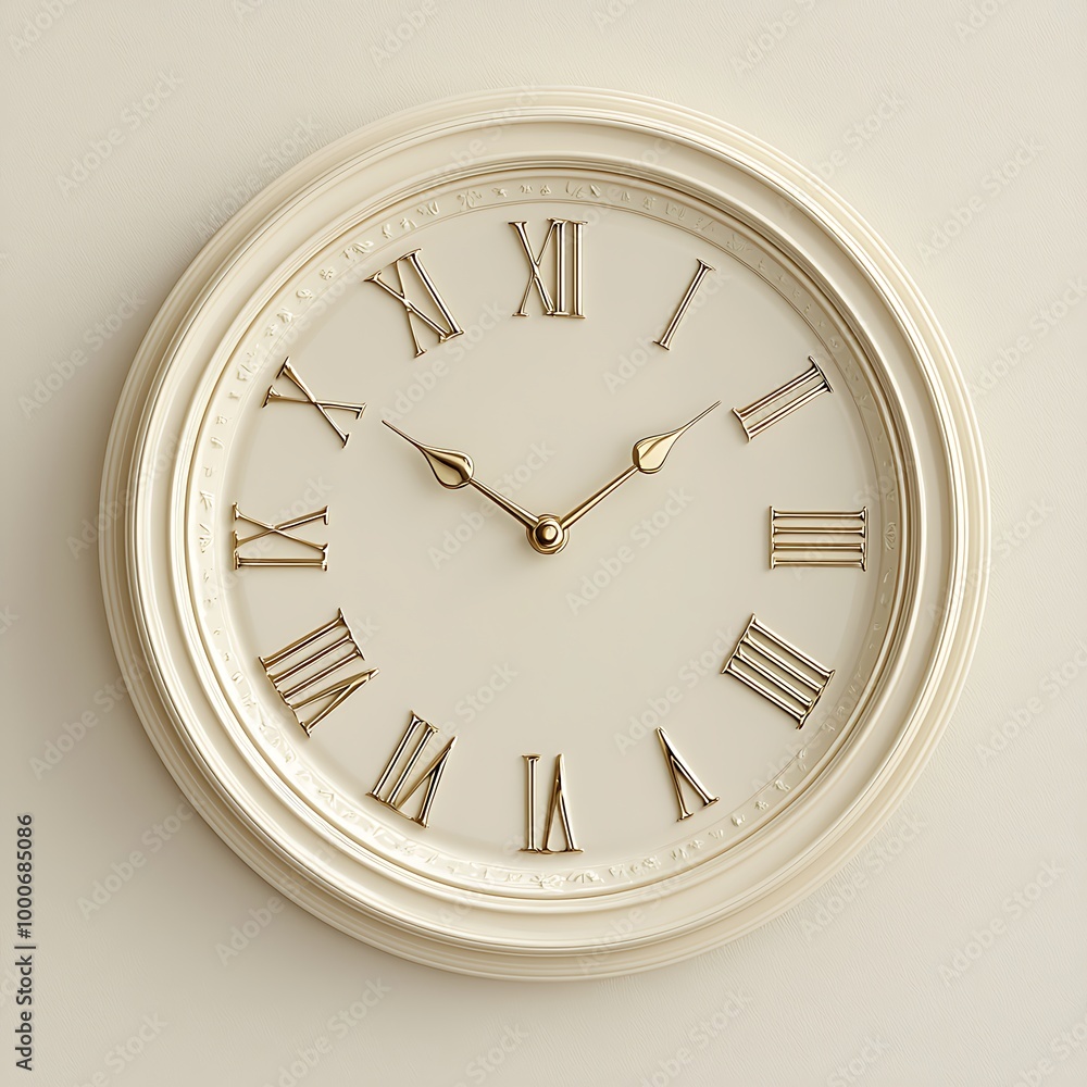 An elegant white clock with Roman numerals, highlighted by gold accents ...